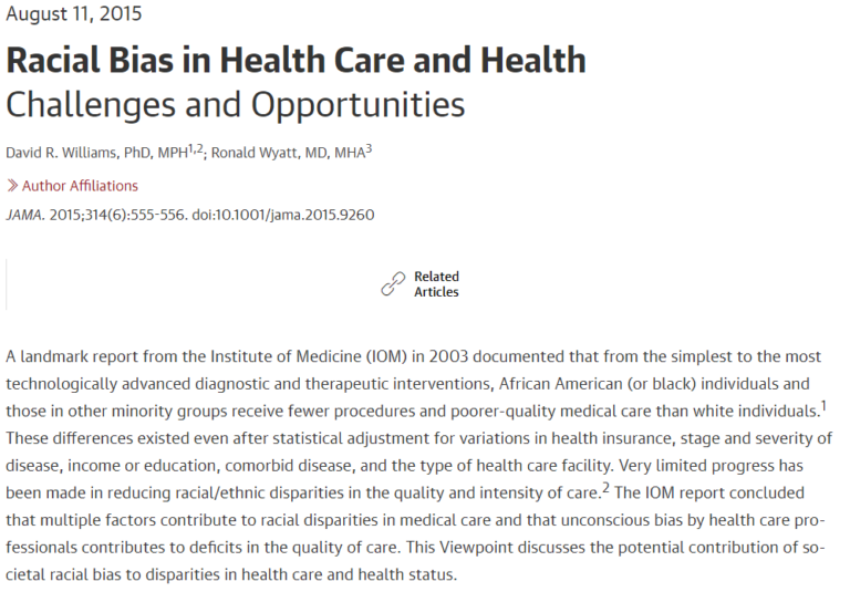 Racial Bias in Health Care and Health: Challenges and Opportunities - AIPEP